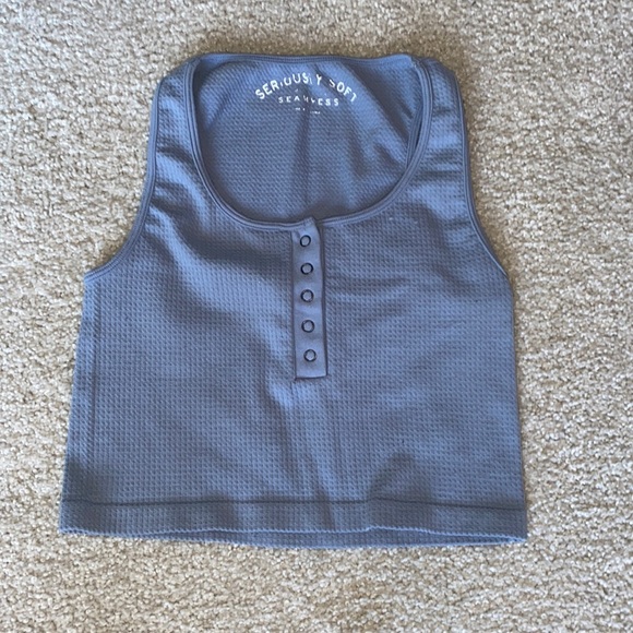 Tops | Blue Half Button Up Crop Tank Top | Poshmark